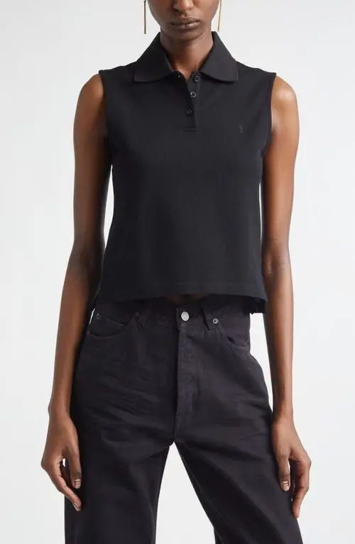 Saint Laurent Cassandre Embroidered Sleeveless Cotton Piqué Polo - Noir