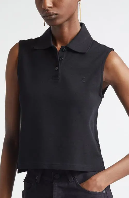 Saint Laurent Cassandre Embroidered Sleeveless Cotton Piqué Polo - Noir