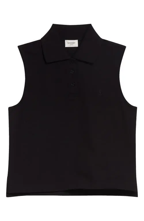 Saint Laurent Cassandre Embroidered Sleeveless Cotton Piqué Polo - Noir