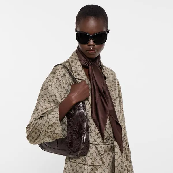 Gucci Interlocking G Chain Silk Diamond Scarf - Brown