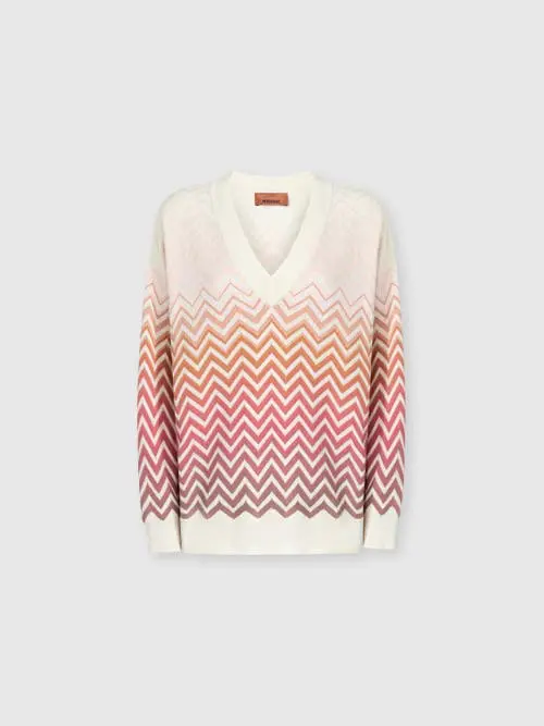 Missoni V-neck Pullover In Chevron Dégradé Cotton And Viscose - Lilac& Rust