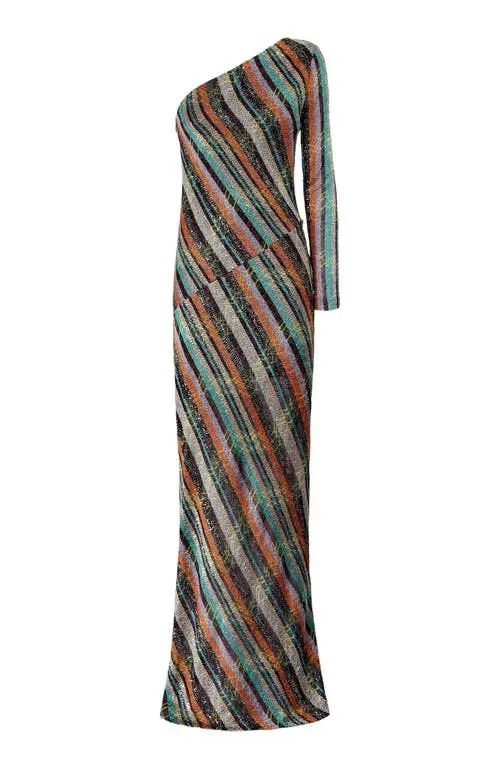 Missoni One-shoulder Long Dress In Irregular Zig Zag Knit With Sequins