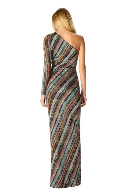 Missoni One-shoulder Long Dress In Irregular Zig Zag Knit With Sequins