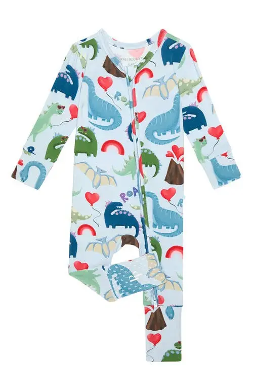POSH PEANUT Dinosaur Print Convertible Zip-up Footie - Medium Blue