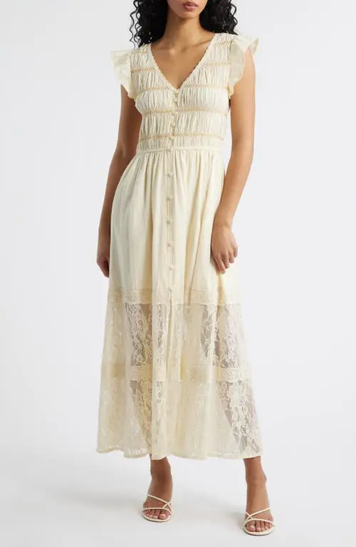 Moon River Lace Embroidered Ruffle Sleeve Midi Dress - Cream