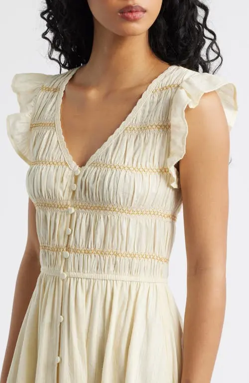 Moon River Lace Embroidered Ruffle Sleeve Midi Dress