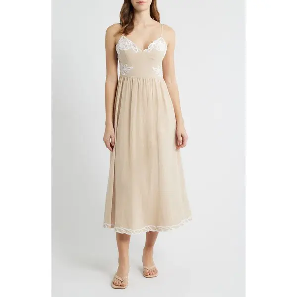 Moon River Embroidered V-neck Midi Dress