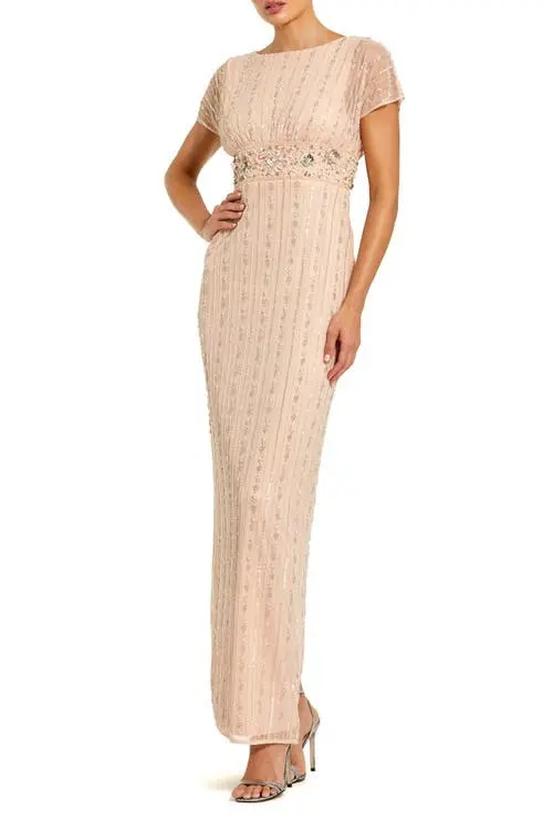 Mac Duggal Beaded Blouson Short Sleeve Column Gown - Rose