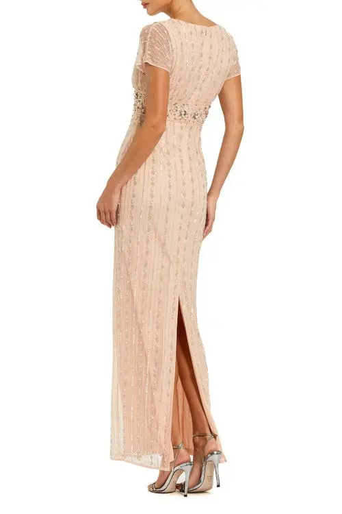Mac Duggal Beaded Blouson Short Sleeve Column Gown - Rose