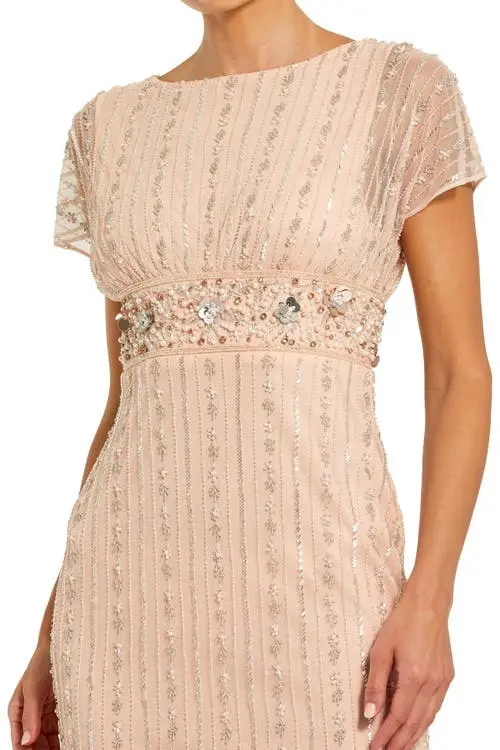 Mac Duggal Beaded Blouson Short Sleeve Column Gown - Rose