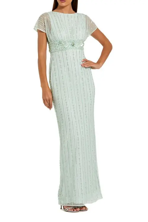Mac Duggal Beaded Blouson Short Sleeve Column Gown - Sage
