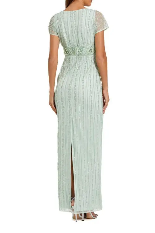 Mac Duggal Beaded Blouson Short Sleeve Column Gown - Sage