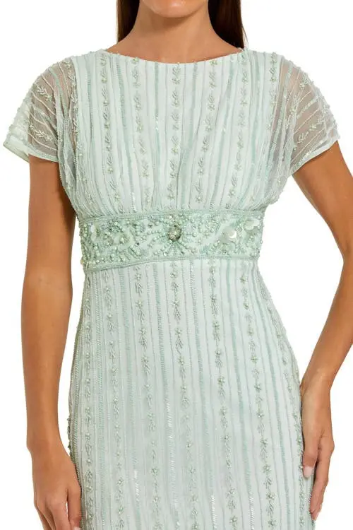 Mac Duggal Beaded Blouson Short Sleeve Column Gown - Sage