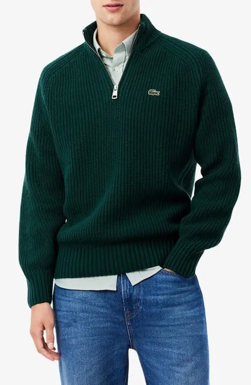 Lacoste Classic Fit Quarter Zip Wool Rib Sweater - Sinople