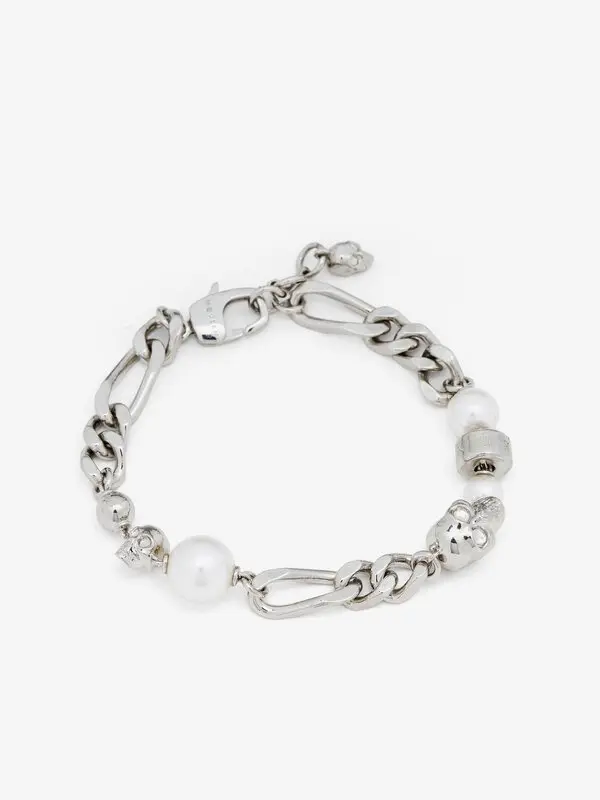 Alexander McQueen Skull And Pearl Chain Bracelet - Palladium-finish