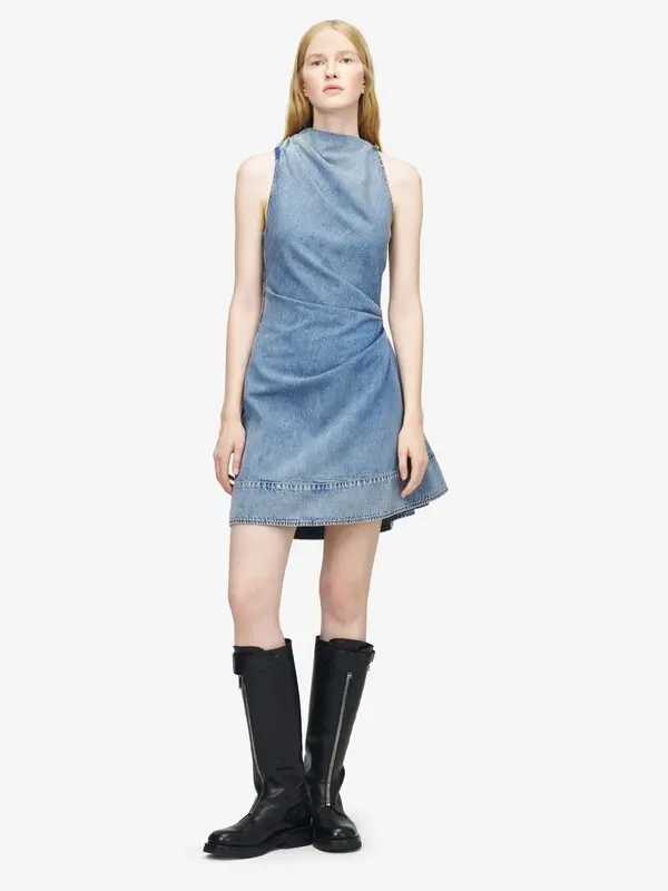 Alexander McQueen Denim Asymmetric Mini Dress - Washed Blue