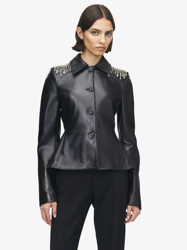 Alexander McQueen Crystal Embroidery Leather Peplum Jacket
