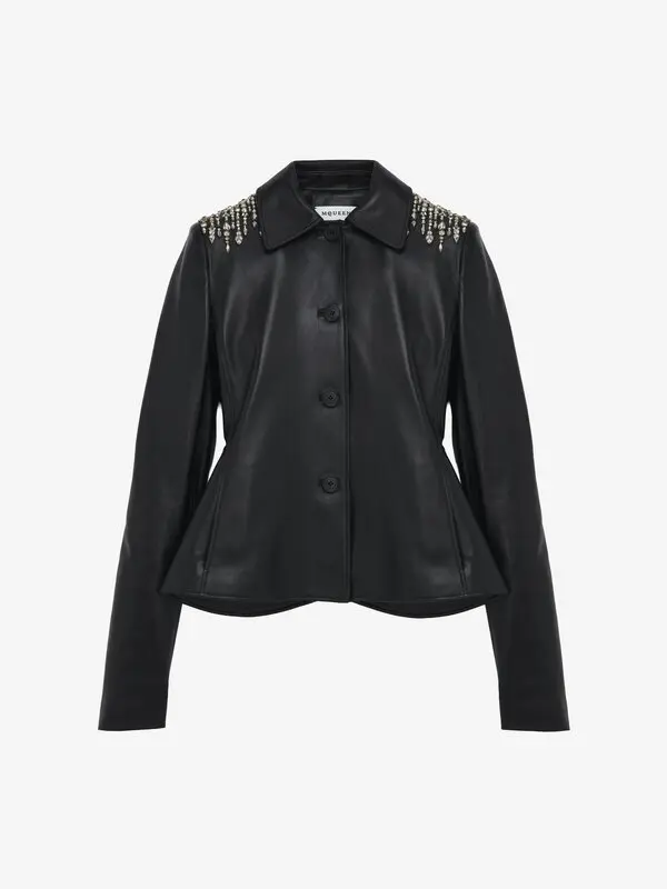 Alexander McQueen Crystal Embroidery Leather Peplum Jacket