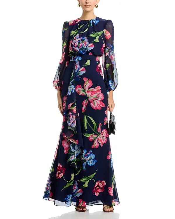 Eliza J Long Sleeve Floral Cascade Ruffle Gown