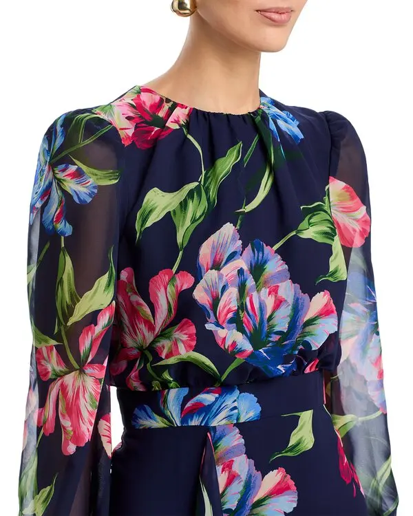 Eliza J Long Sleeve Floral Cascade Ruffle Gown