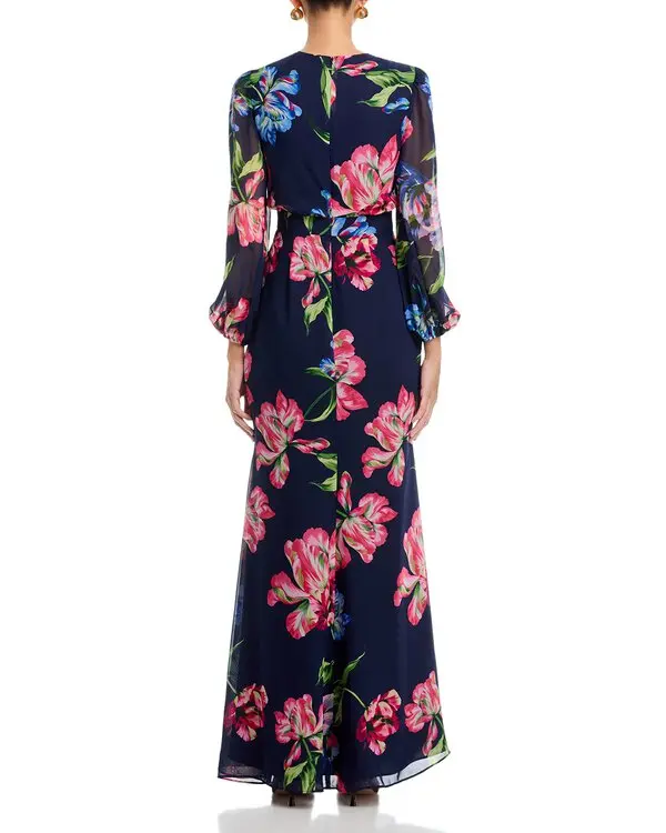 Eliza J Long Sleeve Floral Cascade Ruffle Gown