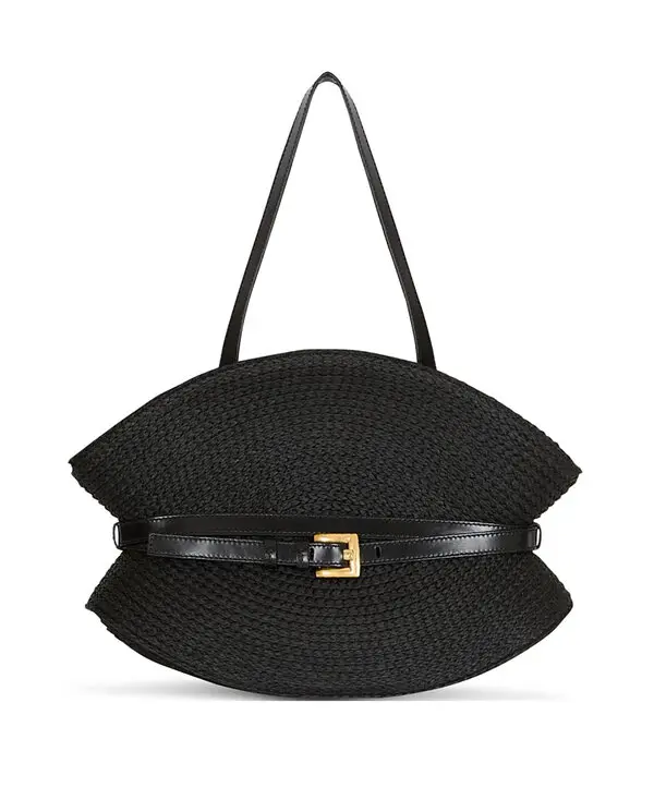 Balmain Shuffle Medium Bag In Calfskin Leather And Raffia - Black