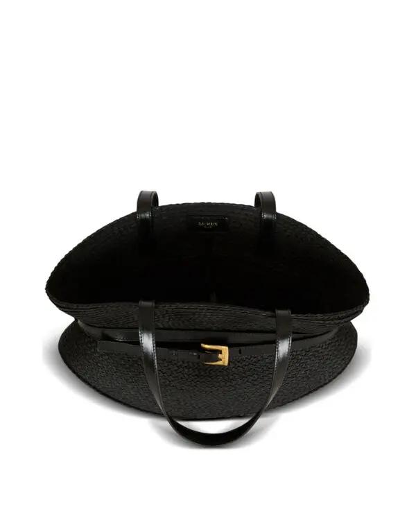 Balmain Shuffle Medium Bag In Calfskin Leather And Raffia - Black