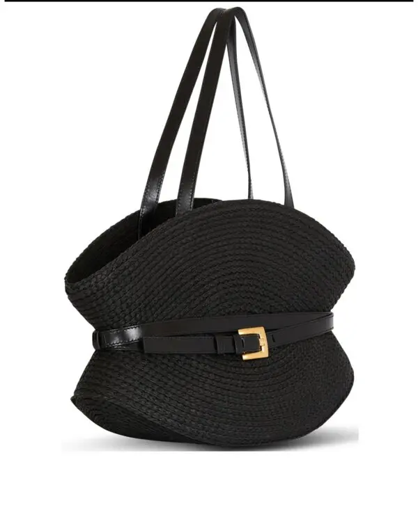 Balmain Shuffle Medium Bag In Calfskin Leather And Raffia - Black
