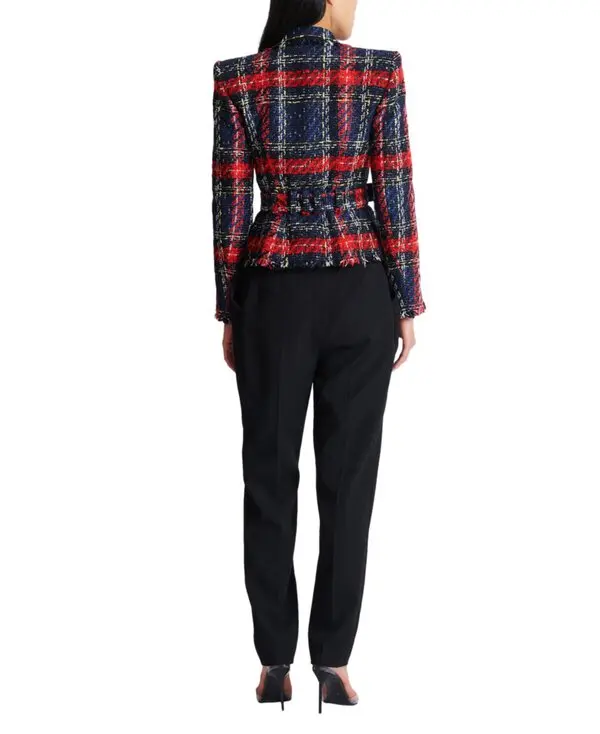 Balmain Belted Plaid Tweed Jacket
