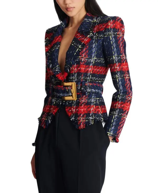 Balmain Belted Plaid Tweed Jacket