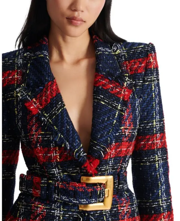 Balmain Belted Plaid Tweed Jacket