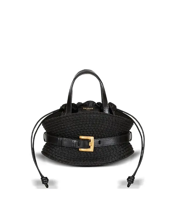 Balmain Shuffle Mini Bag In Calfskin And Raffia - Black