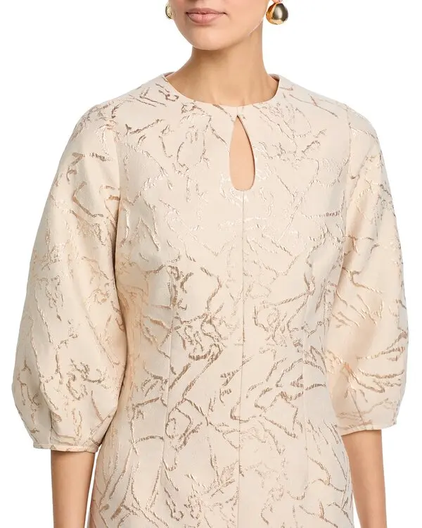 Rickie Freeman For Teri Jon Metallic Jacquard Three Quarter Sleeve Dress