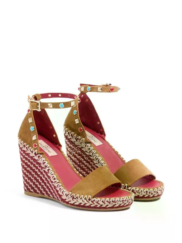 Valentino Garavani Rockstud Double Wedge Sandals In Split Leather With Cabochon Stones