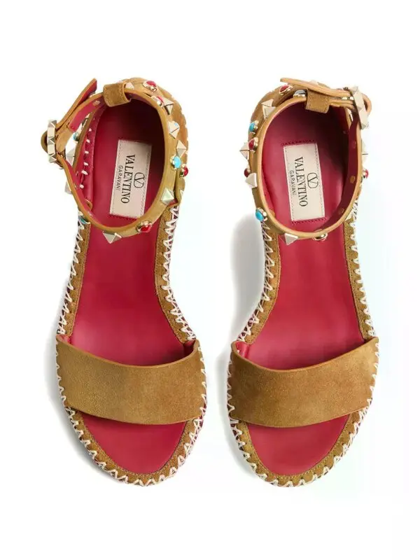 Valentino Garavani Rockstud Double Wedge Sandals In Split Leather With Cabochon Stones
