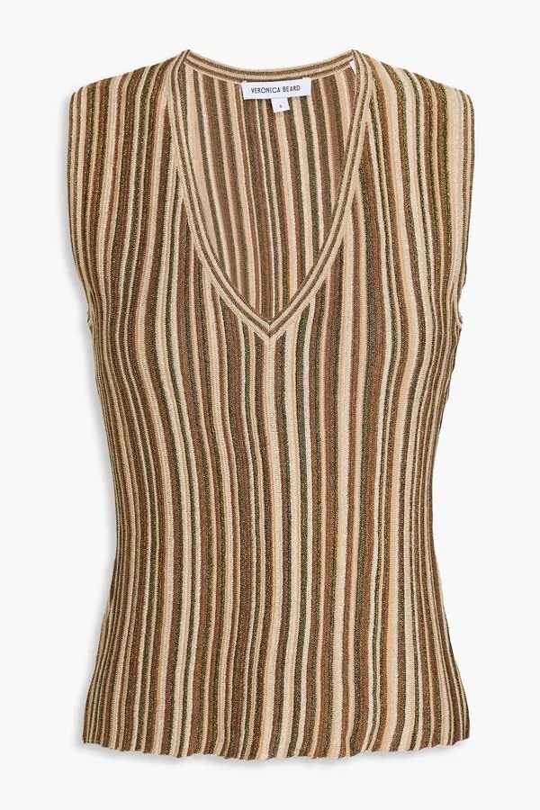 Veronica Beard Sid Metallic Striped Ribbed-knit Top