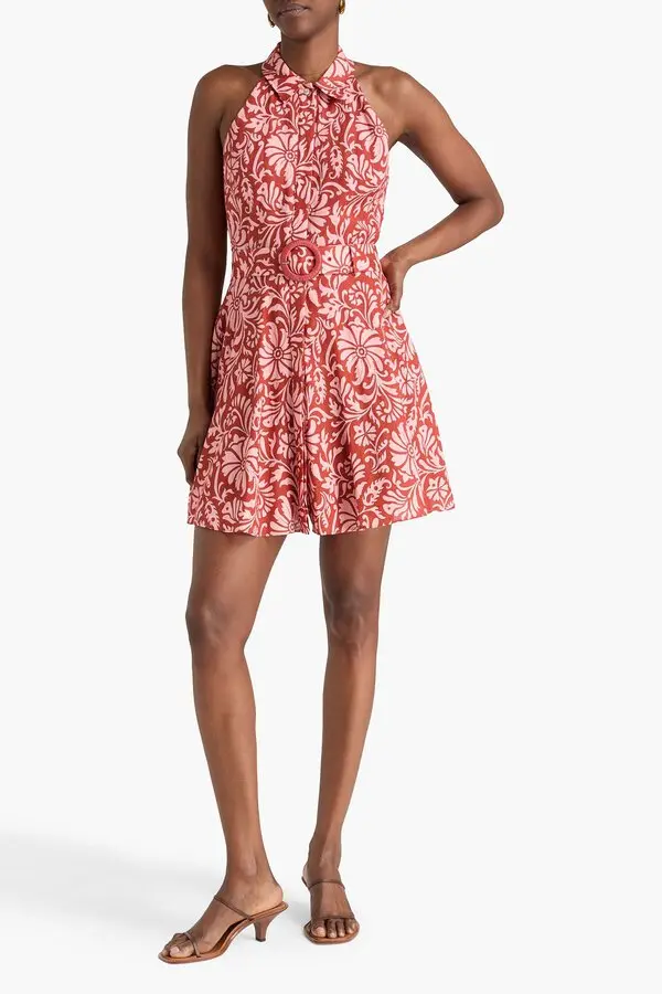 Veronica Beard Beau Floral-print Linen Mini Dress - Brick