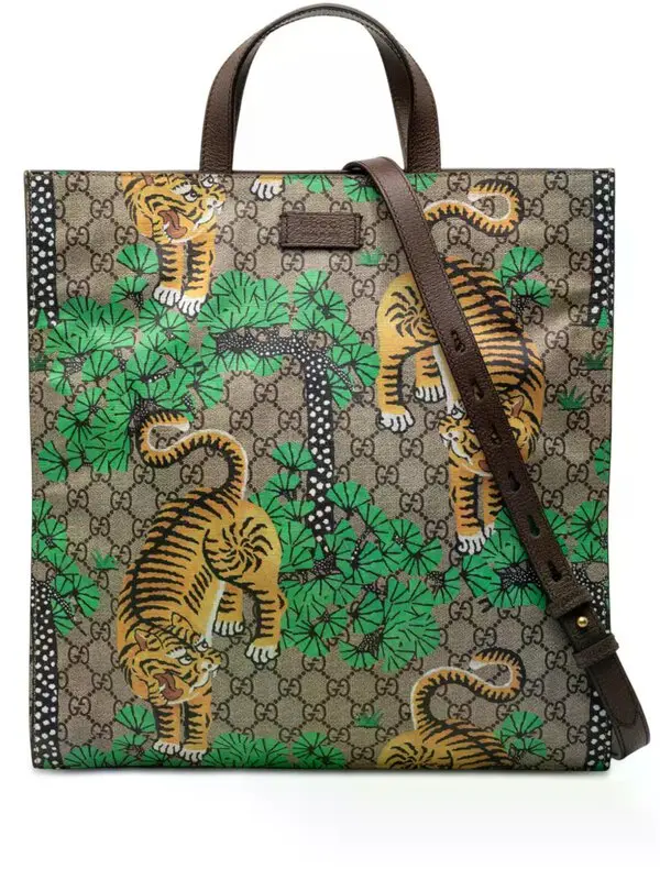 Gucci Gg Supreme Bengal Convertible Tote Satchel - Brown