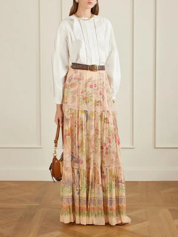 Etro Tiered Pleated Lace-trimmed Printed Silk Maxi Skirt