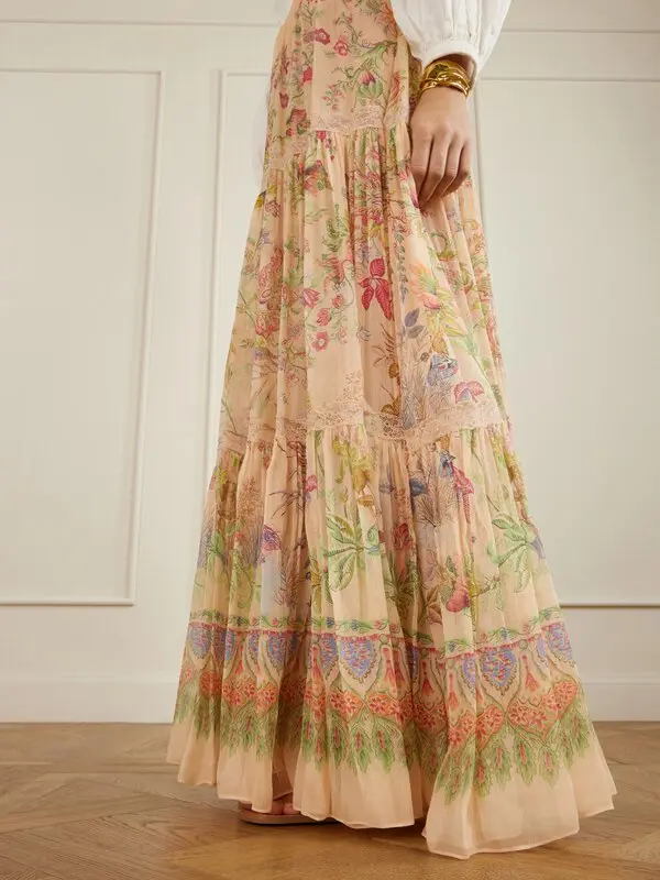 Etro Tiered Pleated Lace-trimmed Printed Silk Maxi Skirt