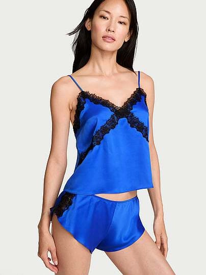 Victoria's Secret Satin Lace-trim Cami & Flutter Short Set - Blue