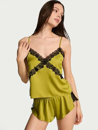 Victoria's Secret Satin Lace-trim Cami & Flutter Short Set - Green