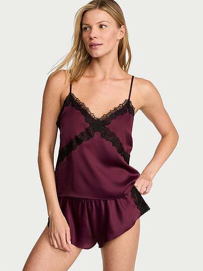 Victoria's Secret Satin Lace-trim Cami & Flutter Short Set - Pink