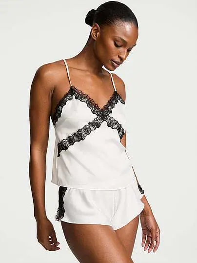 Victoria's Secret Satin Lace-trim Cami & Flutter Short Set - White,ivory