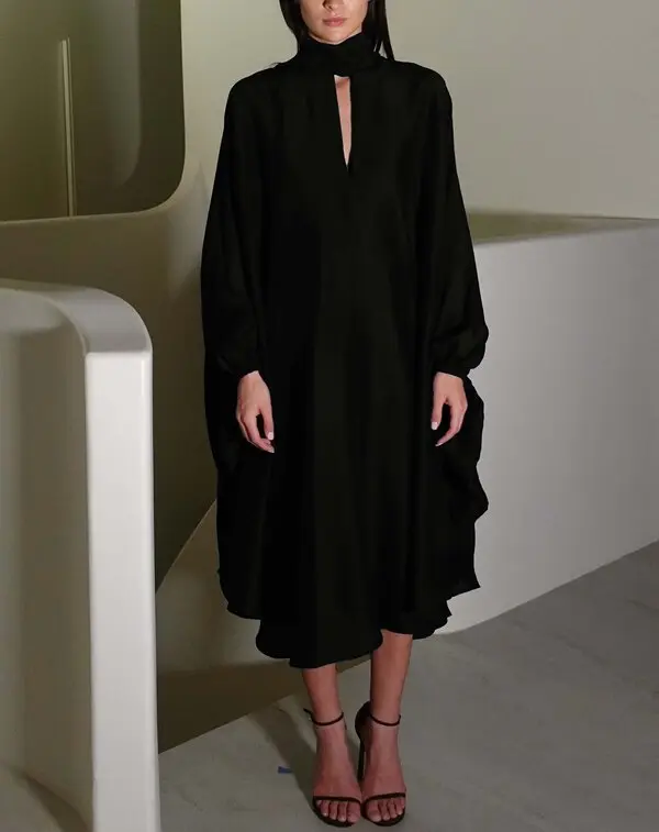 Azeeza Emlyn Raw Silk Midi Dress - Black