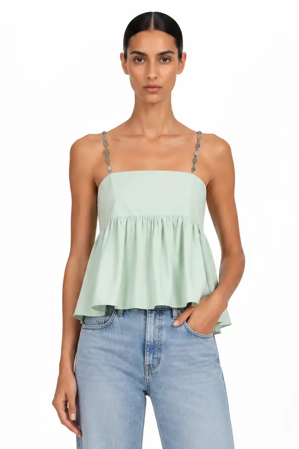 Azeeza Rayna Poplin Top With Embellished Straps - Cool Mint