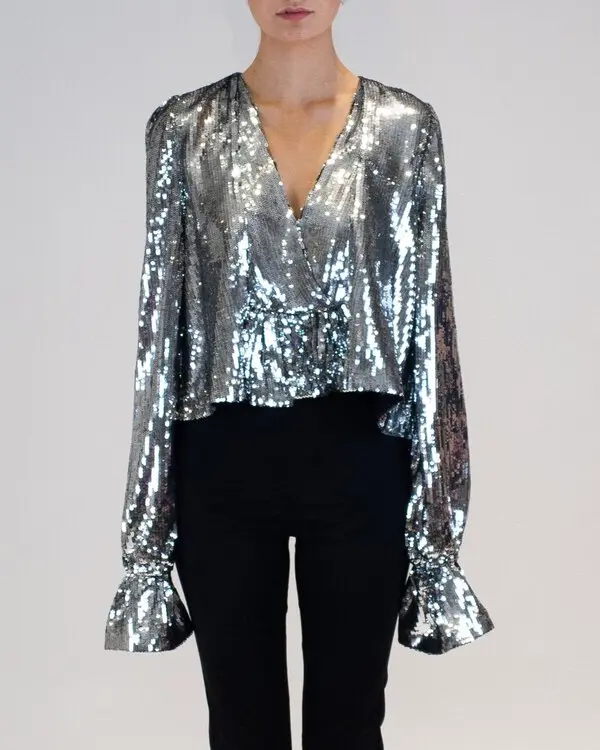 Azeeza Thistle Sequin Blouse - Silver Sequin