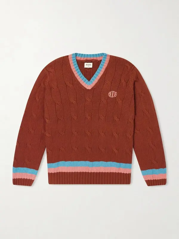 BODE Logo-embroidered Cable-knit Cotton Sweater
