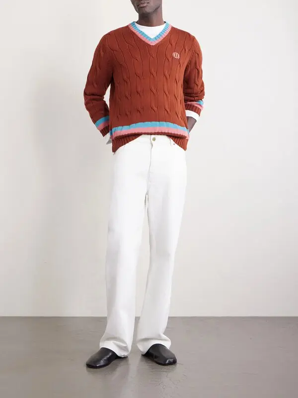 BODE Logo-embroidered Cable-knit Cotton Sweater