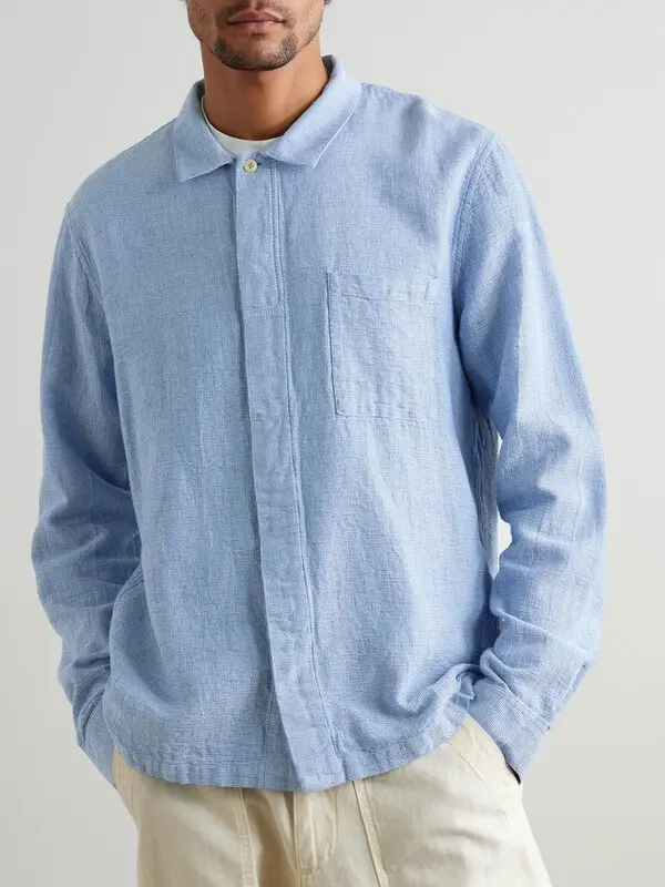 Folk Patch Cotton-seersucker Shirt - Blue